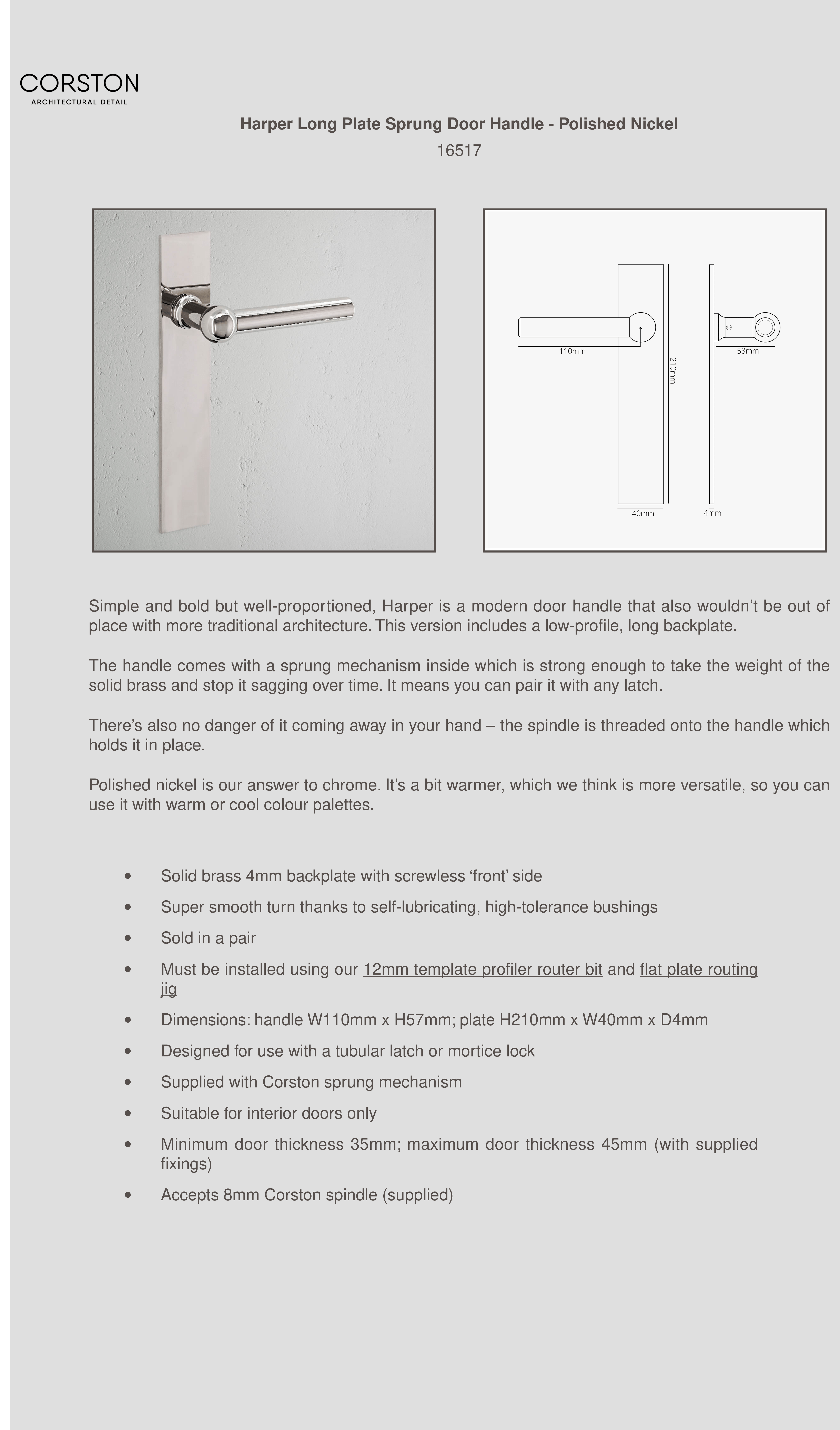 HARPER LONG PLATE SPRUNG DOOR HANDLE - Lever handles from Corston ...