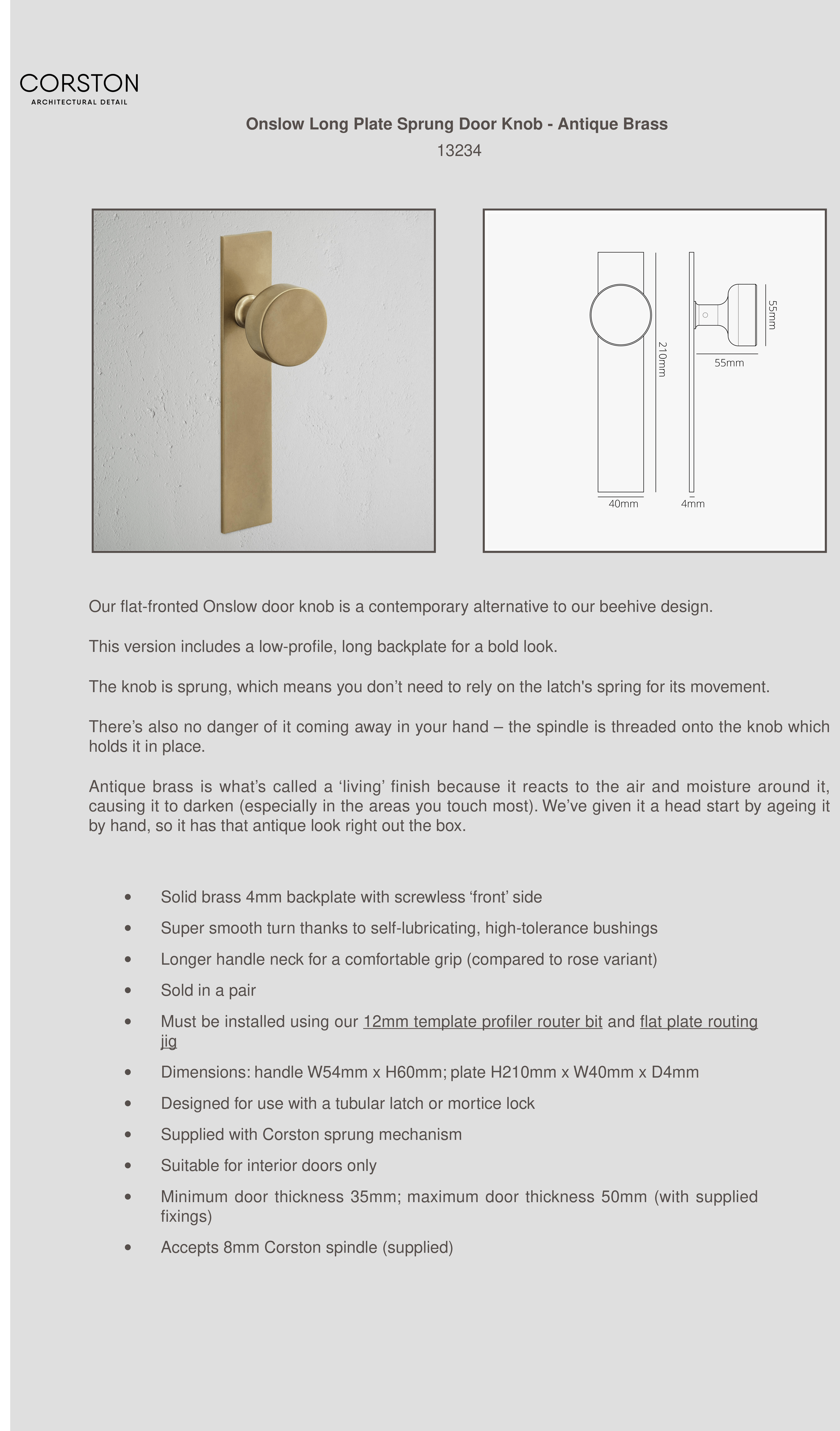 ONSLOW LONG PLATE SPRUNG DOOR KNOB - Knob handles from Corston ...